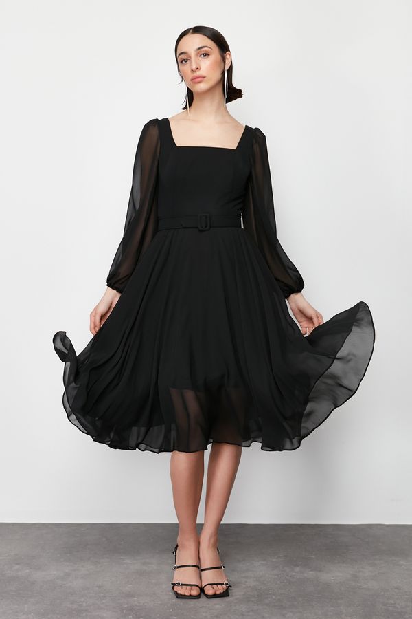 TRENDYOL BLACK TULLE WOVEN ELEGANT EVENING DRESS