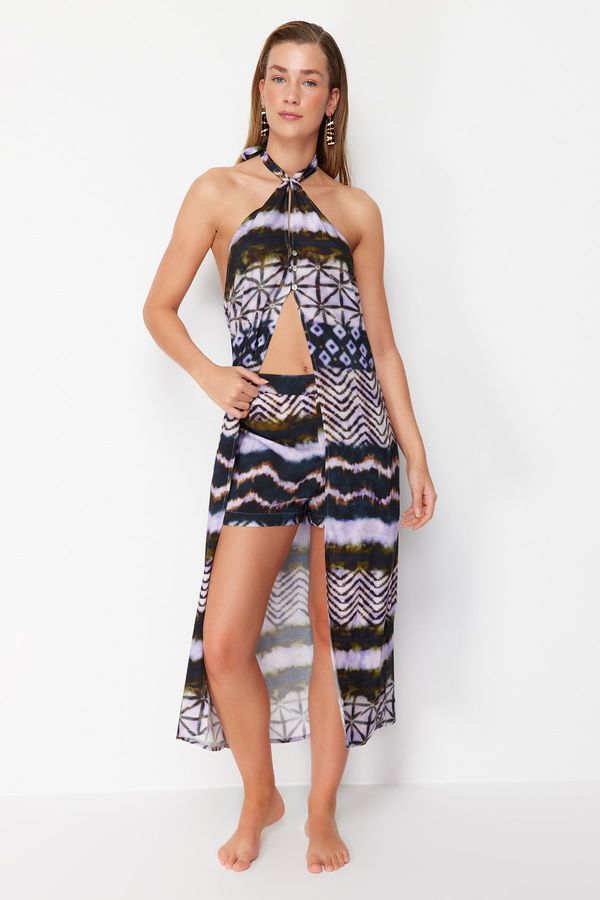 TRENDYOL ABSTRACT PATTERNED WOVEN KIMONO SHORTS SET