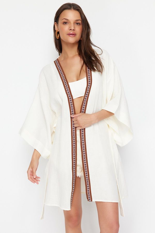 TRENDYOL ECRU BELTED MAXI WOVEN MUSLIN KIMONO&KAFTAN