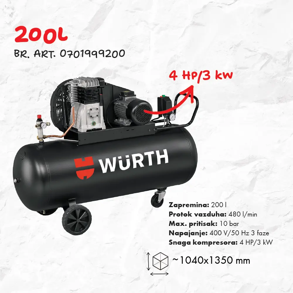 Wurth klipni kompresor 200l - 480l/min