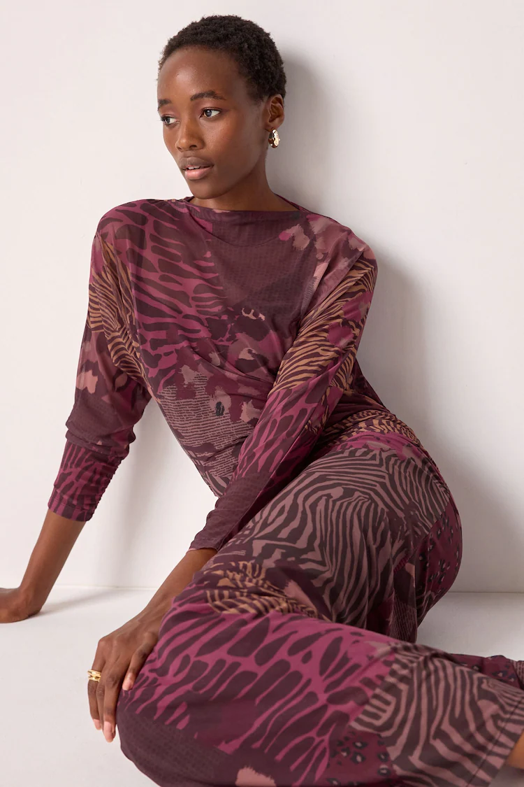 Abstract Animal Print Mesh Batwing Sleeve Maxi Dress