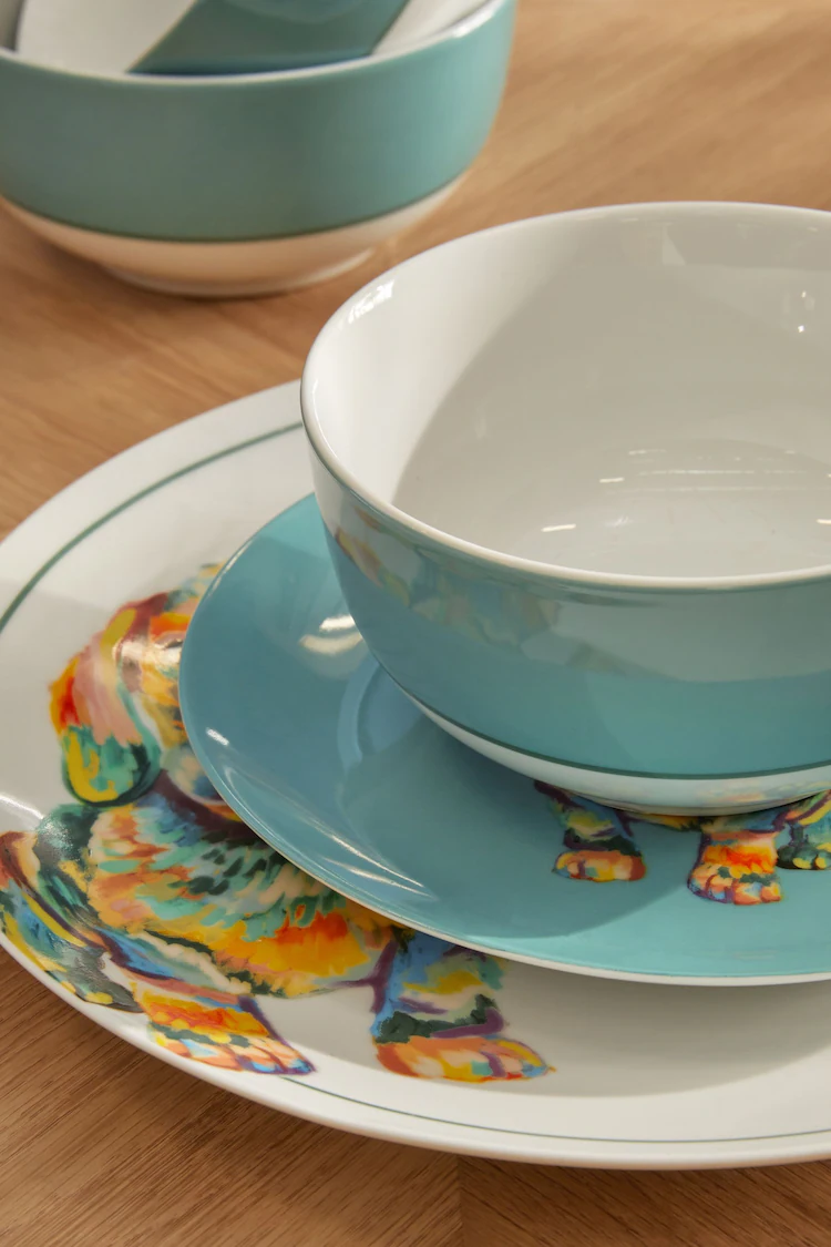 12 Piece Teal Blue Sausage Dog Dinner Set