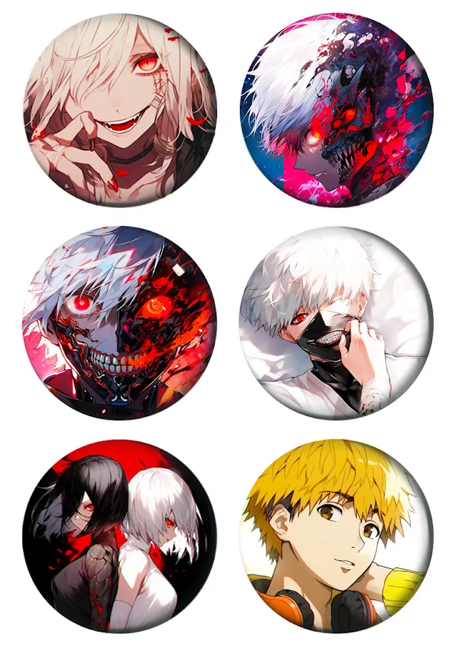 Set bedževa Anime Tokijski gul Tokyo Ghoul, 37 mm, 6 kom