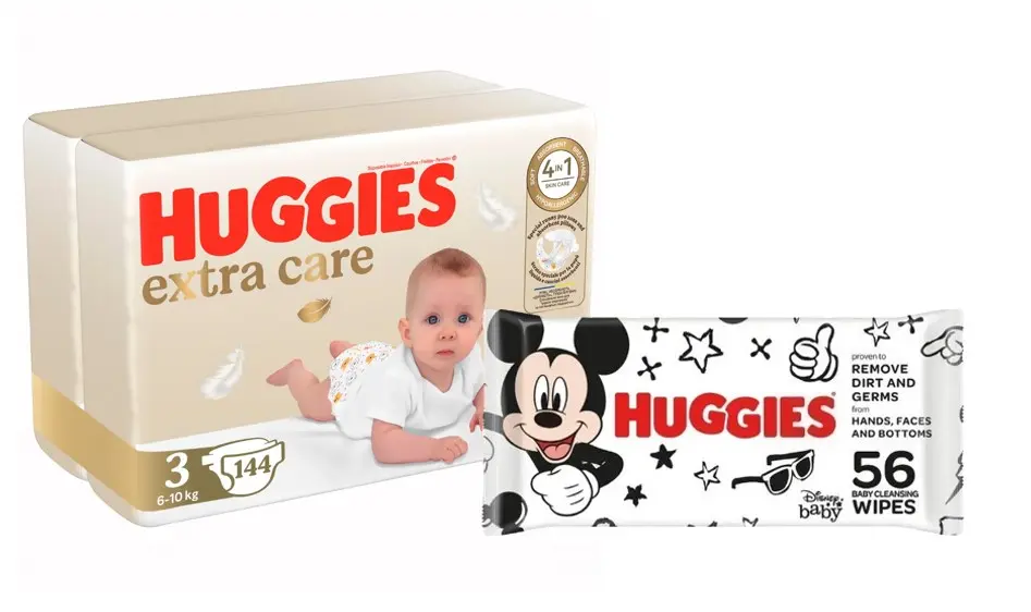 Huggies Duo Pack Pelene Extra Care Mega, Veličina 3, 5-9kg, 144 komada + Mickey Mouse Vlažne maramice, 56 komada