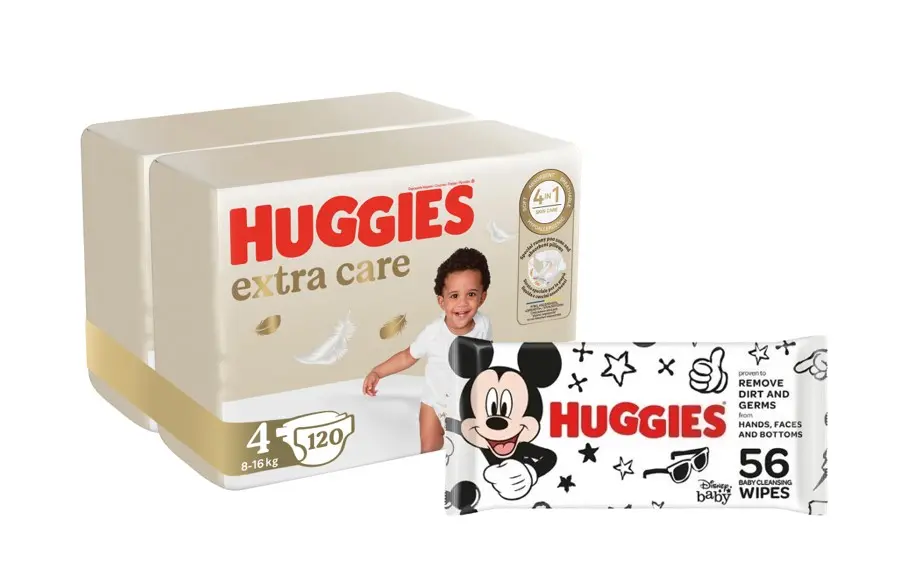 Huggies Duo Pack Pelene Extra Care Mega, Veličina 4, 8-14kg, 120 komada + Mickey Mouse Vlažne maramice, 56 komada