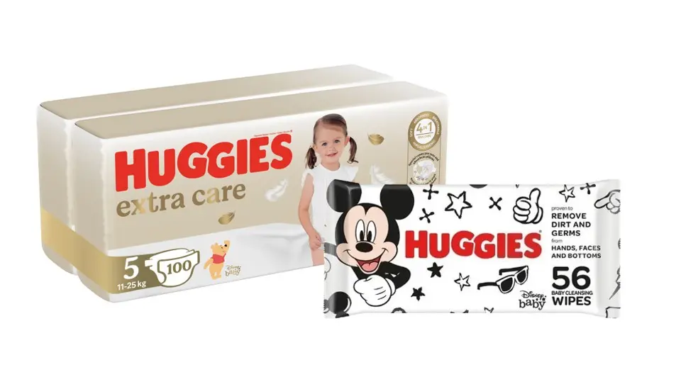 Huggies Duo Pack Pelene Extra Care Mega, Veličina 5, 15-22kg, 100 komada + Mickey Mouse Vlažne maramice, 56 komada