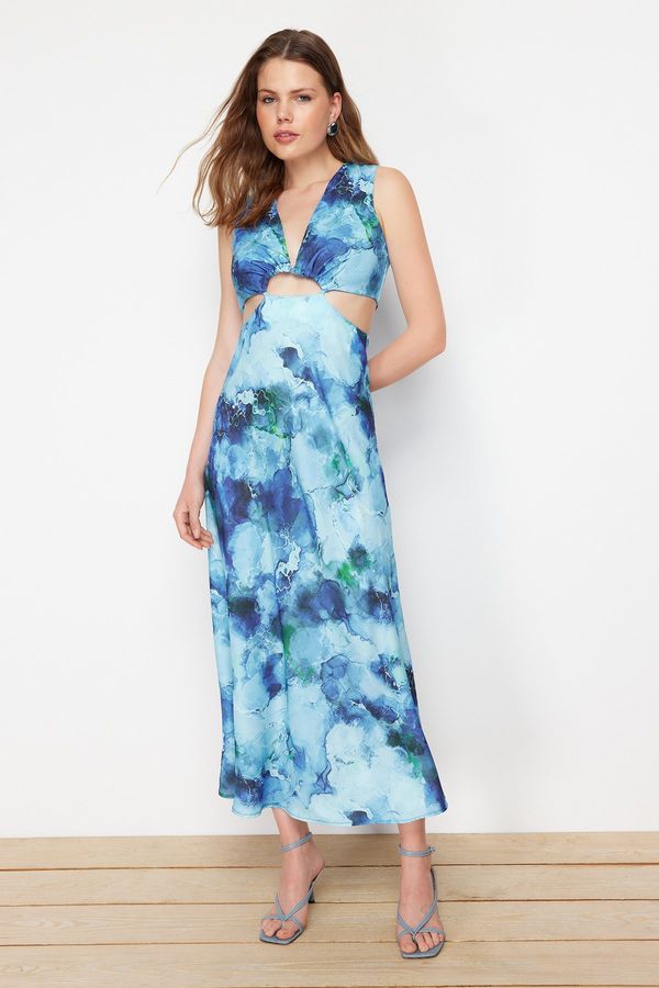 TRENDYOL BLUE CUT OUT/WINDOW DETAIL MAXI WOVEN DRESS