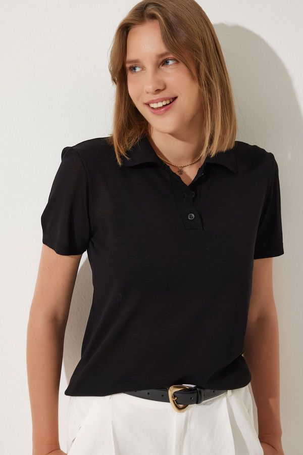 HAPPINESS İSTANBUL WOMEN'S BLACK POLO NECK LIGHT TRANSPARENT SUMMER KNITWEAR BLOUSE