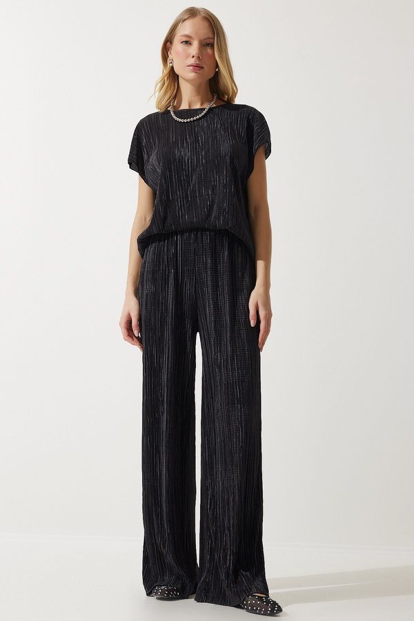 HAPPINESS İSTANBUL WOMEN'S BLACK PLEATED COMFORTABLE BLOUSE TROUSERS SUIT