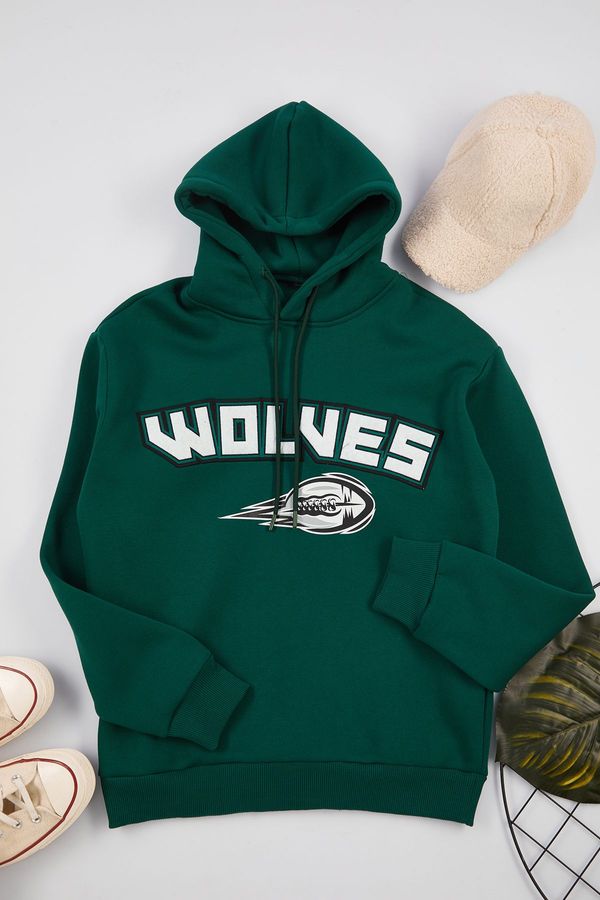 TRENDYOL EMERALD GREEN OVERSIZE/WIDE FIT HOODED COLLEGE SWEATSHIRT