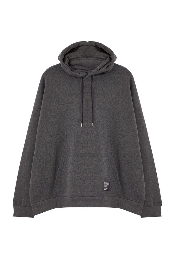 TRENDYOL ANTHRACITE PLUS SIZE BASIC COMFORTABLE HOODED LABELED POLAR FLEECE COTTON SWEATSHIRT