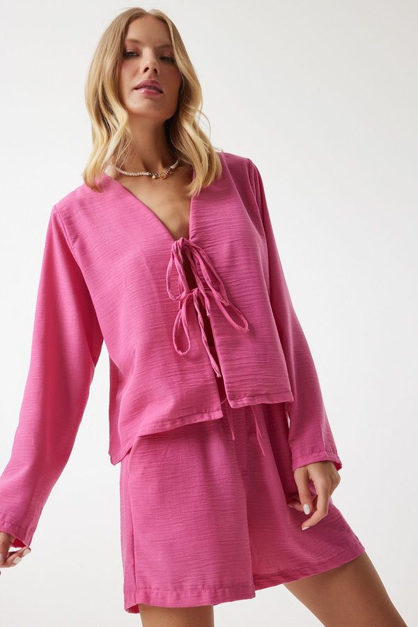 HAPPINESS İSTANBUL WOMEN'S DARK PINK LINEN AYROBIN BOW BLOUSE SHORTS SET