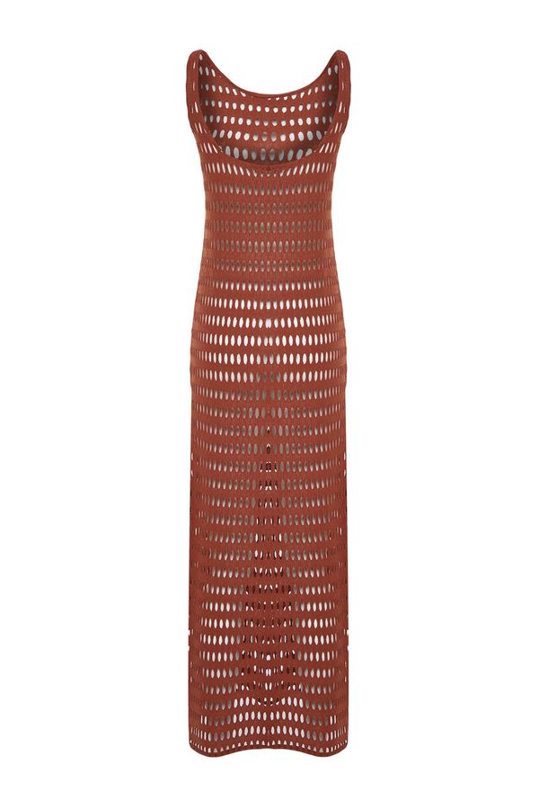 TRENDYOL BROWN MAXI SLIT KNITWEAR LOOK BEACH DRESS