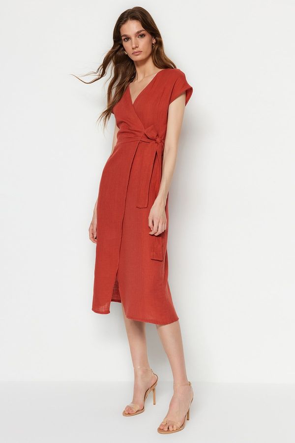 Trendyol Cinnamon Belted Double Breasted Form Midi Woven Dress