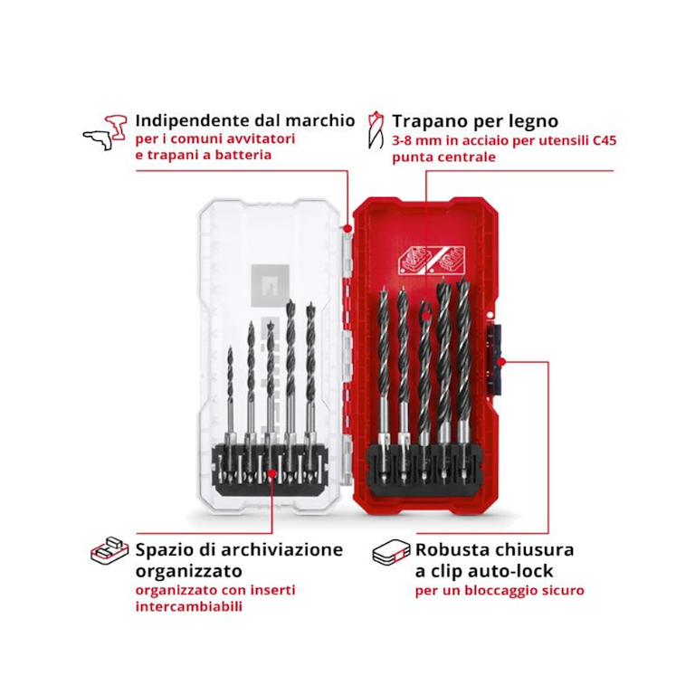 KWB – S-Case 10 kom Set burgija za drvo, C 45, prihvat E6.3 – 1/4″, 3 – 8 mm – 49108733