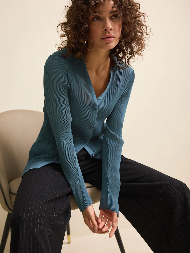 Steel Blue Pleated Long Sleeve Fitted Shirt