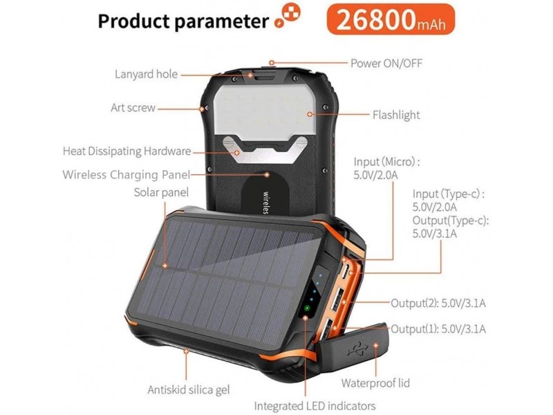 Solarni Power bank 26W-Wireless punjenje i na USB