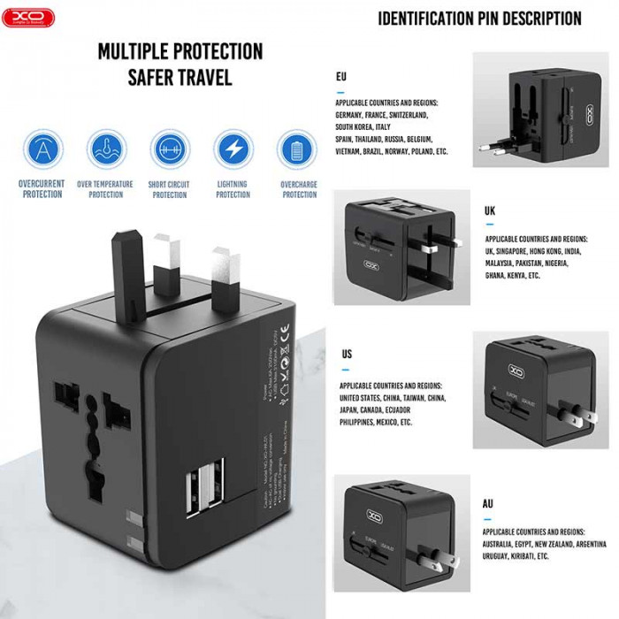 XO-WL01 UNIVERZALNI ADAPTER PUNJAC UK, US, EU, AU CRNI