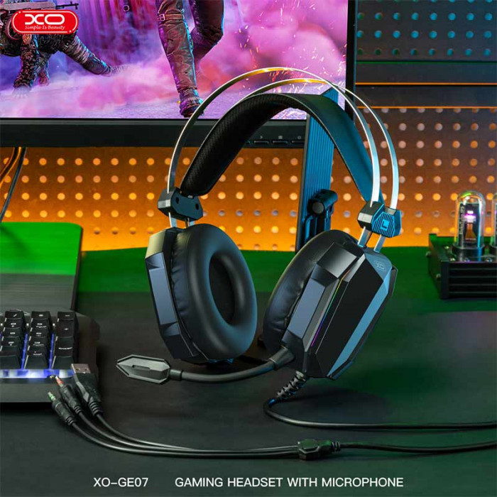 XO-GE07 SLUSALICE GAMING SA MIKROFONOM RGB USB+3.5MM CRNA