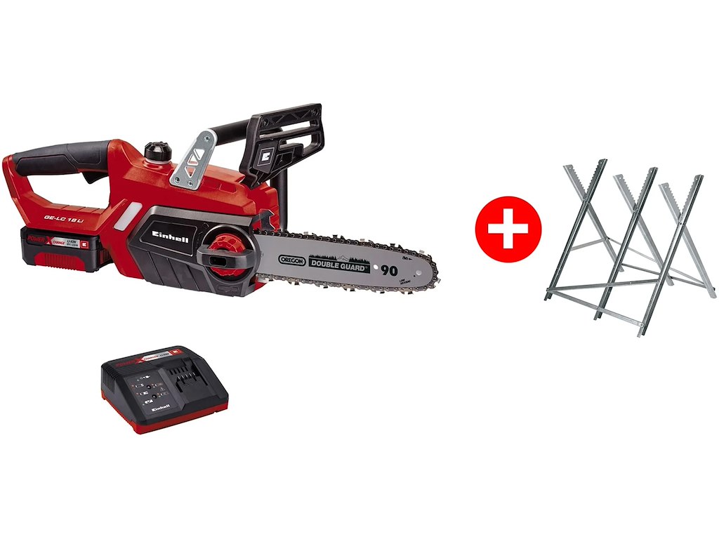 Einhell Akumulatorska lančana testera GE-LC 18 Li Kit + Einhell Stalak za rezanje drva