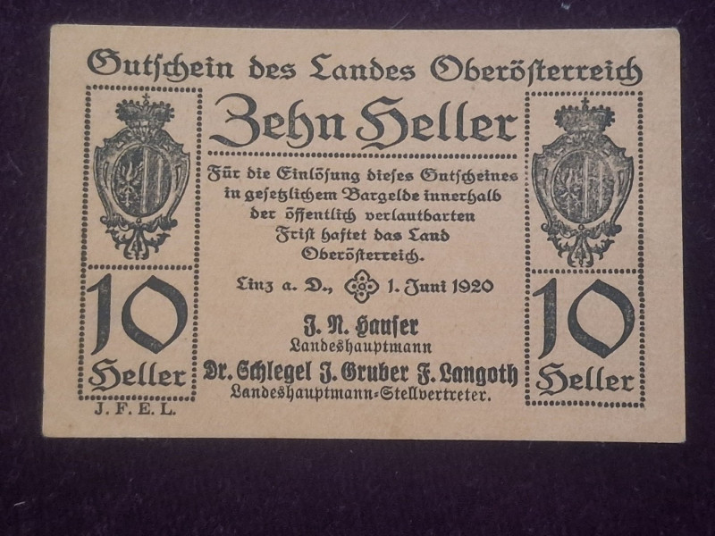 Austrija 10 Helera 1920 Oberösterreich RR