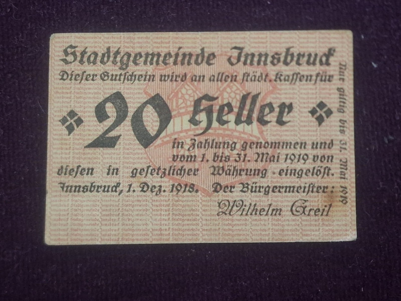 Austrija 20 Helera 1918 Innsbruck RR