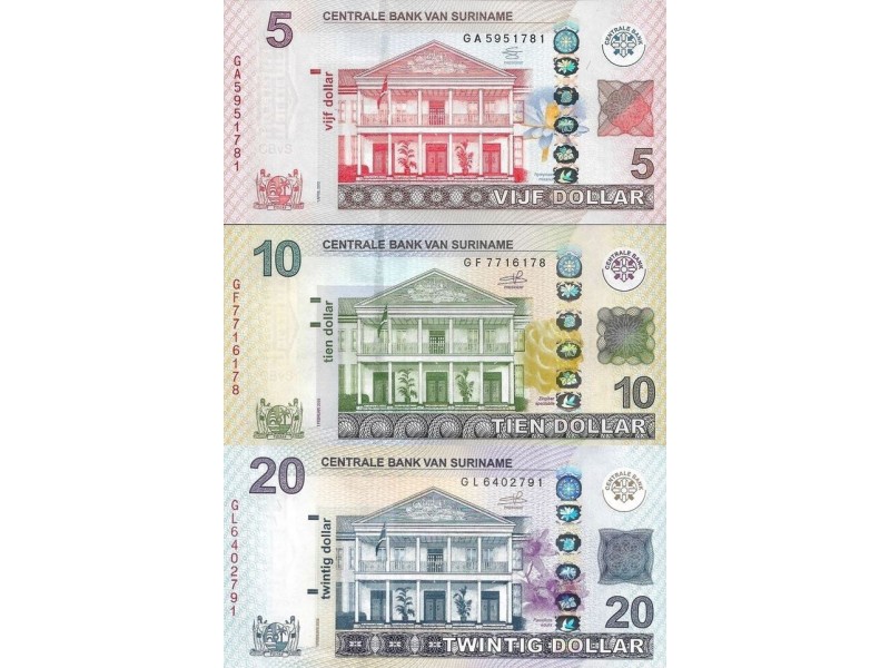 SURINAME Surinam 5, 10 i 20 Dollar 2019 UNC