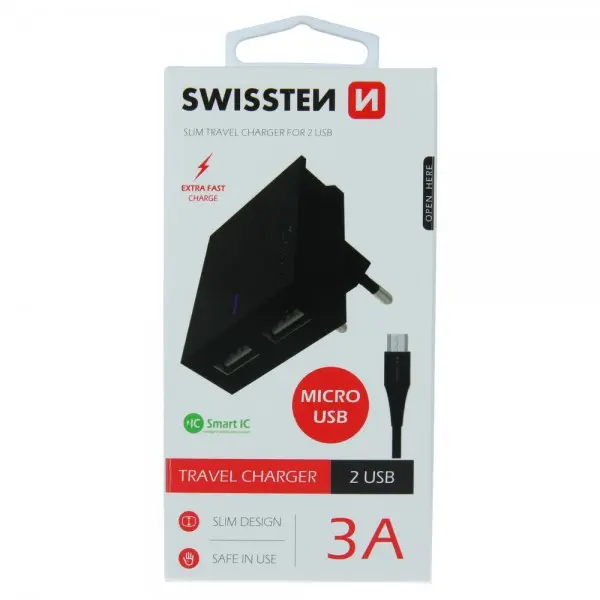 SWISSTEN Punjač 3A 2xUSB Micro crni