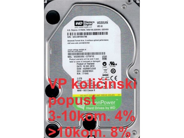 HDD 3.5 * 2TB WD20EURX WD AV-GP GREEN 7200RPM 64MB SATA3 (3699)