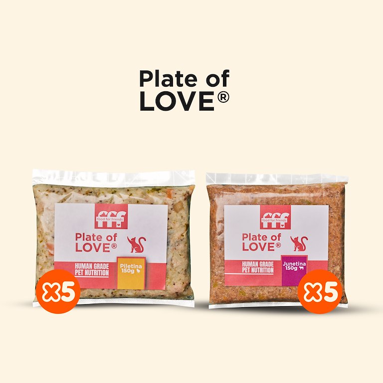 PLATE OF LOVE®️ PILETINA X5 (150G) + JUNETINA X5 (150G) – ZA MAČKE