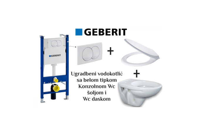 Set Geberit - 5u1 - Ugradbeni vodokotlić sa belom tipkom + Set za montažu + Cersanit Konzolna wc šolja + Termoplast Wc poklopac