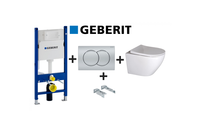 Set Geberit - 4u1 - Ugradbeni vodokotlić + Hrom-Mat tipka + Set za montažu + Lapino Elegance konzolna wc šolja sa daskom