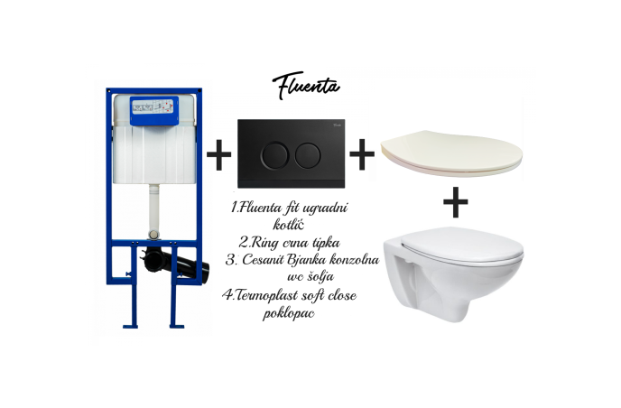 Set Fluenta Fit - 4 u1 - Fluenta Fit Ugradbeni vodokotlić + Fluenta Ring Tipka + Cersanit Bjanka Konzolna Wc šolja + Termoplast Wc poklopac