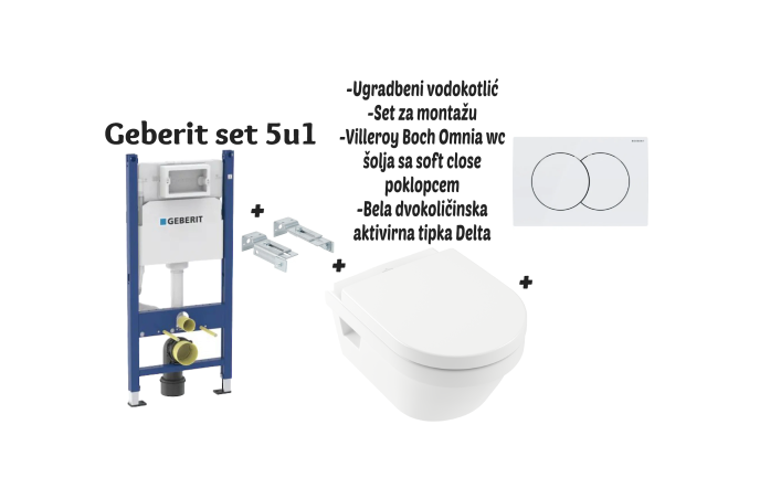 Geberit set 5u1 - Ugradbeni vodokotlić sa setom za montažu, Delta aktivirnom tipkom i Villeroy Boch wc šoljom sa soft close poklopcem