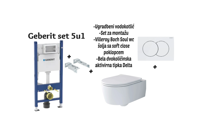 Geberit set 5u1 - Ugradbeni vodokotlić sa setom za montažu, Delta aktivirnom tipkom i Villeroy Boch wc šoljom sa soft close poklopcem