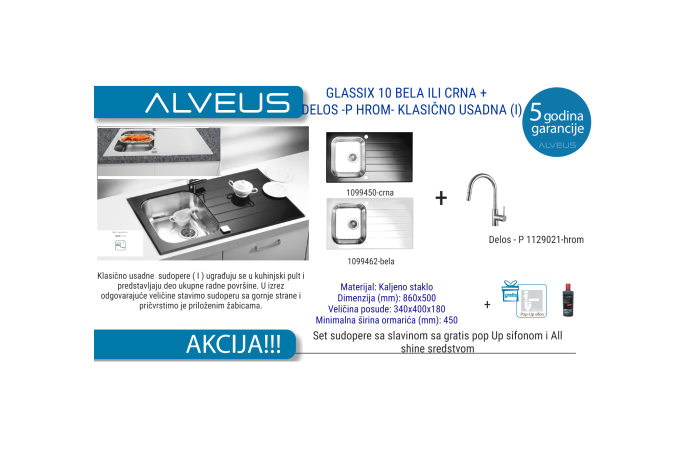 Lož Alveus -Set sudopera- Glassix 10 860x500 crna ili bela sa Delos-P hrom slavinom -klasično usadne sudopere (I)