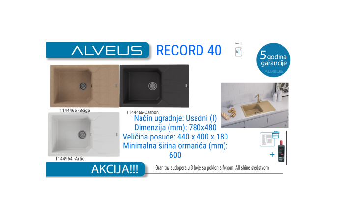 Lož Alveus -granitna sudopera -Record 40 780x480mm sa sifonom -usadna I-razne boje