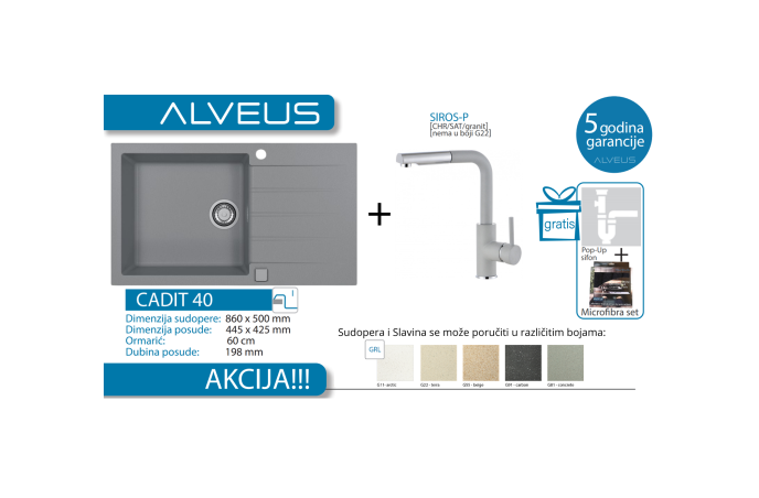 Lož Alveus - Set sudopera sa slavinom i sifonom - Cadit 40 + Siros-P - Razne boje