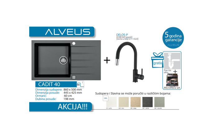 Lož Alveus - Set sudopera sa slavinom i sifonom - Cadit 40 + Delos-P - Razne boje