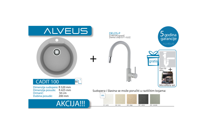 Lož Alveus - Set sudopera sa slavinom i sifonom - Cadit 100 + Delos-P - Razne boje