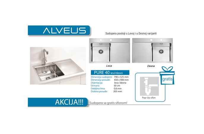 Korito sudopera - Lož Alveus - Pure 40 - Inox - 790x525|205mm + Sa gratis Sifonom