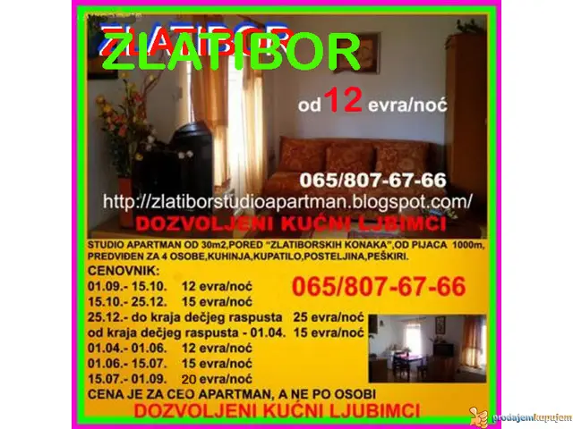 Zlatibor, izdajem apartman od 12 evra/dan