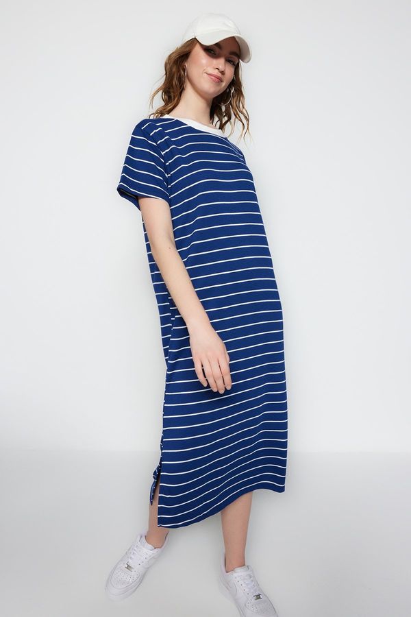 TRENDYOL NAVY BLUE STRIPED SHIFT/PLAIN MAXI KNIT DRESS WITH SLIT DETAIL