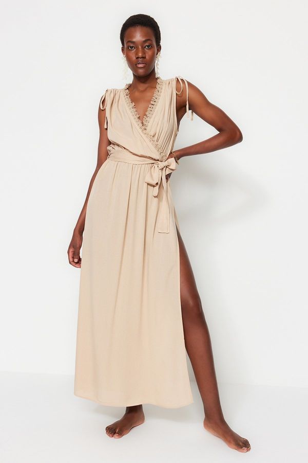 TRENDYOL BEIGE BELTED MAXI WOVEN LACE BEACH DRESS