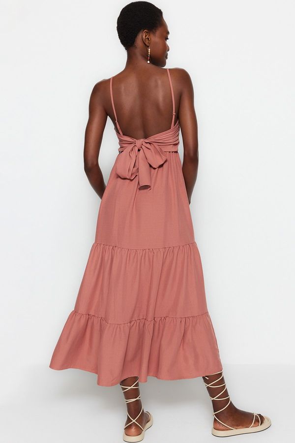 TRENDYOL DRIED ROSE SKIRT FLOUNCE BACK TIE DETAILED STRAPPY MAXI WOVEN DRESS