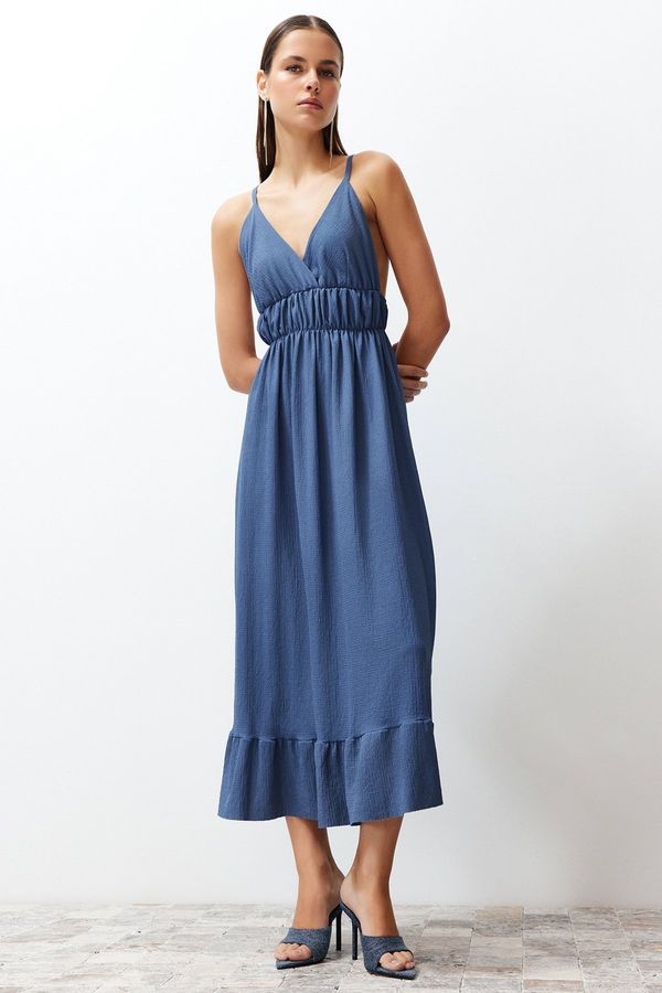 TRENDYOL INDIGO STRAIGHT SKIRT RUFFLED V-NECK STRAP MAXI RIBBED FLEXIBLE