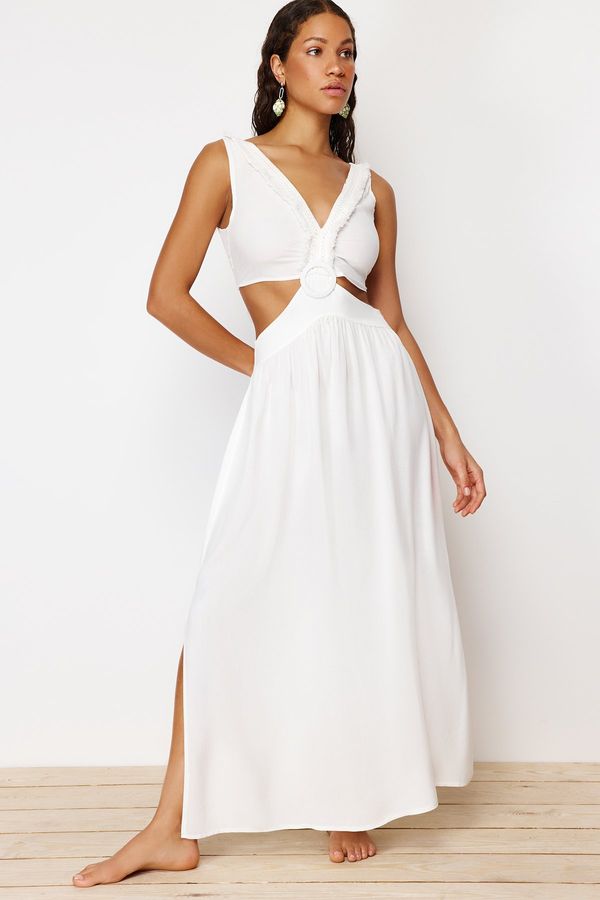 TRENDYOL ECRU MAXI WOVEN TASSELED BEACH DRESS