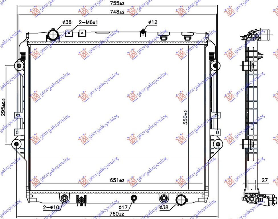 HLADNJAK MOTORA 2.4/2.8 D DIZEL (AUTO) (550x650x27) TOYOTA HI-LUX 2WD/4WD (2018-) (OEM: 164000L361, 164000L390)