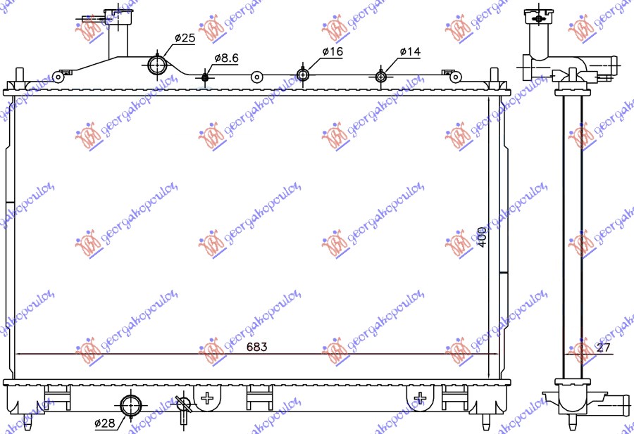 HLADNJAK MOTORA 2.2 DI-D DIZEL (AUTO) (400x683x27) (KOYO) MITSUBISHI OUTLANDER PHEV (2013-2016) (OEM: 1350A604)