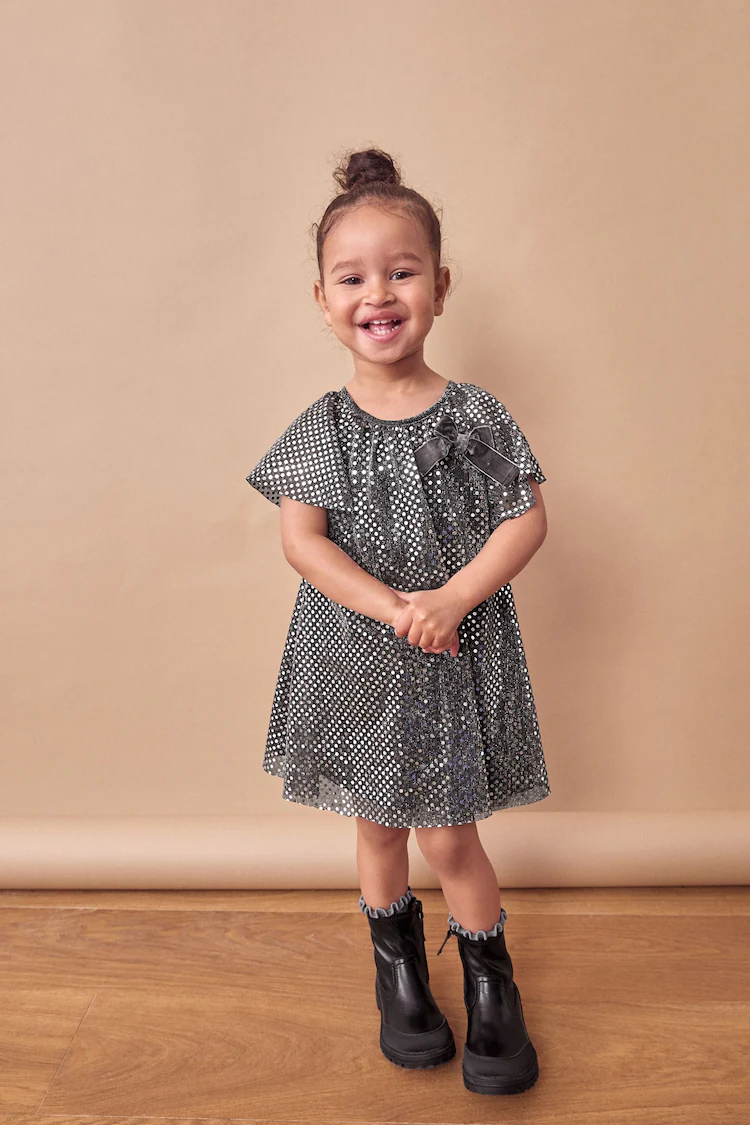 Charcoal Bow Sequin Party Angel Sleeve Dress (3mths-10yrs)